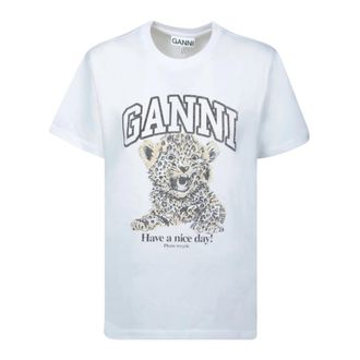 Ganni Basic Jersey Leopard Relaxed T-shirt - - Tops - Damen - Wei&szlig; - L