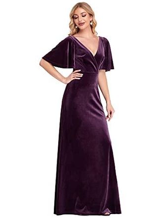Ever-pretty Robe de Soir&eacute;e Col en V Velours A-Line &Eacute;l&eacute;gante R&eacute;tro Manches Courtes Femme Violet Fonc&eacute; 40
