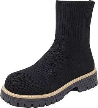 Generic Bottines Chelsea &eacute;l&eacute;gantes en tricot extensible &agrave; bout rond et talon &eacute;pais antid&eacute;rapant &eacute;lastique &agrave; enfiler Bottines Chelsea d&eacute;contract&eacute;es pour femme,