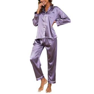 Generic Ensemble de pyjama classique boutonné en satin de soie pour femme, chemise à manches longues, vêtement dintérieur avec pantalon à taille élastique, do