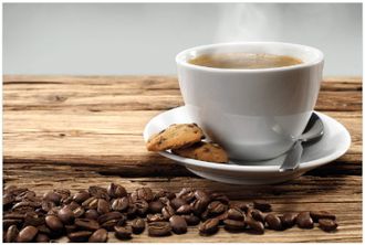 Wallario Poster - Heiße Tasse Kaffee mit Kaffeebohnen in Premiumqualität, Größe: 100 x 150 cm XXL-Poster