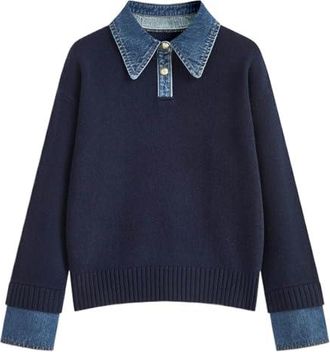 Generic Pull pour femme - D&eacute;contract&eacute; - Tricot - Col haut - Bordure en denim - &Eacute;l&eacute;gant et polyvalent - Style chemise confortable - Fil doux, Marine, taille un