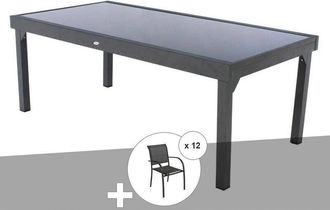 Hesperide Hesperide - Ensemble repas table extensible rectangulaire en verre tremp&eacute; - 12 places - Aluminium trait&eacute; &eacute;poxy - Pieds r&eacute;glables pour sol irr&eacute;gulier