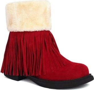 Generic Bottines dhiver &agrave; talon bloc bas pour femme avec pampilles et bordure en fausse fourrure - Chaussures dext&eacute;rieur confortables et chaudes, Rouge, 39.5 