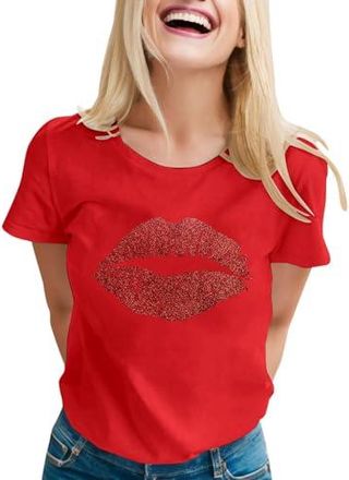 Generic T-shirt imprim&eacute; &agrave; manches courtes et col rond pour femme, Rouge, XXL