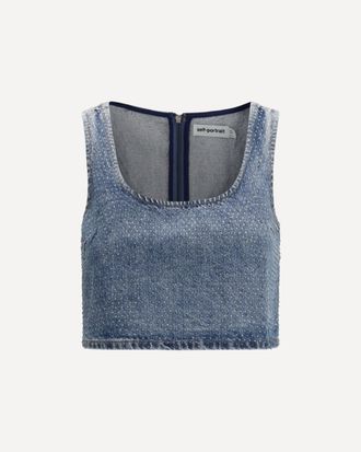 Self Portrait Rhinestone denim crop Top Female 6