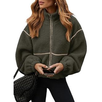 Generic Veste polaire sherpa surdimensionn&eacute;e &agrave; fermeture &eacute;clair pour femme - Manteaux dhiver en fausse fourrure - V&ecirc;tements dext&eacute;rieur chauds 2025, vert milit