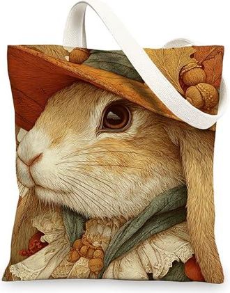 Generic Sacs fourre-tout vintage en toile avec motif lapin artistique, réutilisables, légers et lavables avec bandoulière pour salle de sport, voyage, plage, 