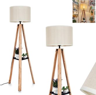 HOFSTEIN Stehleuchte Bassagoda, Stehlampe aus Holz/Metall/Stoff in Natur/Schwarz/Beige/Weiß, Leuchte im skandinavischen Design, Schirm Ø 40cm, Ablagefläche u. 