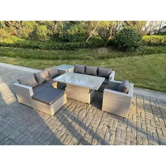 Fimous Polyrattan Essgruppe Gartenm&ouml;bel Set H&ouml;he verstellbar Esstisch Set mit Sofa Sessel Beistelltisch Gro&szlig;er Fu&szlig;hocker Helles Grau - Fimous