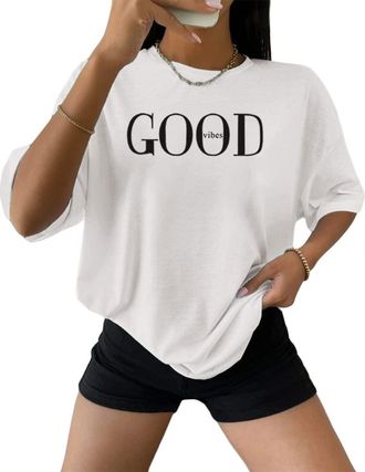 TOMWELL Damen Tshirt Kurzarm Sommer Oberteile Oversized T-Shirt mit Buchstaben Druck Lose Rundhals Sport Shirt Teenager Mädchen Top Tunika Lang G Weiß XXL