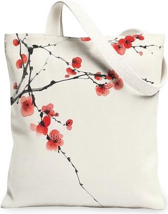 Generic Sac fourre-tout en toile r&eacute;utilisable pour le shopping, 33 x 38 cm, motif fleurs de prunier de printemps, art chinois, sac d&eacute;picerie, sac &agrave; bandouli&egrave;r