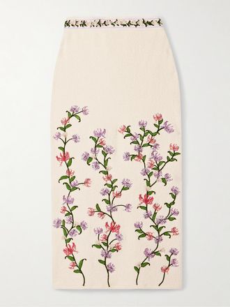 Agua Bendita Jupe Midi En Boucl&eacute; De Coton M&eacute;lang&eacute; &Agrave; Broderies Et &Agrave; Appliqu&eacute;s Chlorella Honeysuckle - Cr&egrave;me