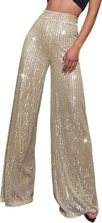 Generic Pantalon évasé à paillettes pour femme - Taille haute - Jambe large - Paillettes brillantes - Élastique - Fermeture éclair latérale, a-beige, XXL