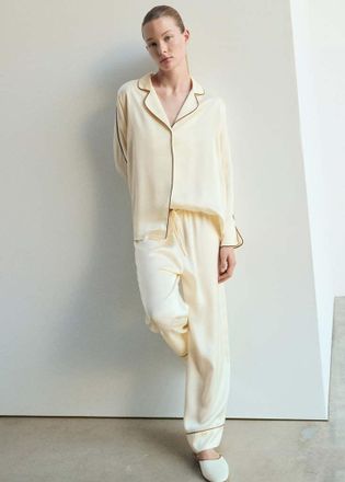 Mango Pantalon en viscose satin&eacute;e avec passepoil contrastant ivoire - Femme - S - MANGO