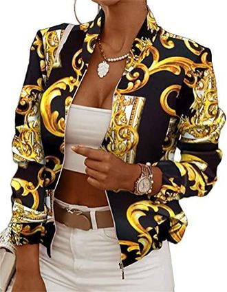 ORANDESIGNE Blouson Bomber Femme Mode Manteau Slim Fit Biker Moto Zipper Court Fleur Imprimer Veste Chic Printemps Été Blouson Court C Noir L