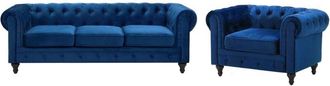 Beliani Sofa Set Marineblau Samtstoff Sizgruppe mit Dicken Sitzkissen Holzbeinen Armlehnen Chesterfield Knopfheftung Glamour&ouml;s Wohnzimmer Ausstattung