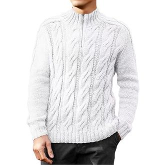 Generic Pull en Maille torsad&eacute;e pour Homme, col Montant, Manches Longues, Fermeture &eacute;clair, Style d&eacute;contract&eacute;, Doux, Blanc, Taille M