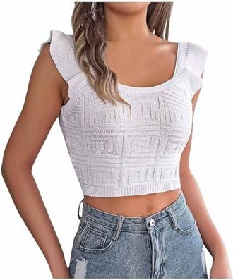 Generic Hauts courts d&eacute;t&eacute; occidentaux pour femmes 2025 &agrave; col carr&eacute; d&eacute;contract&eacute; coupe ample t-shirt court tendance mignon sans manches &eacute;t&eacute; 2025 demi-chemises s