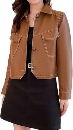 Generic Blouson bomber court en similicuir pour femme 2026 avec poches et fermeture &eacute;clair, marron, 4XL