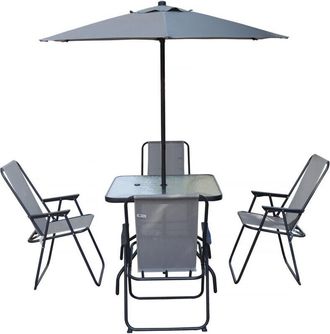 Habitat et Jardin Table et chaises de jardin avec parasol en m&eacute;tal Convivia - 4 places - Gris clair
