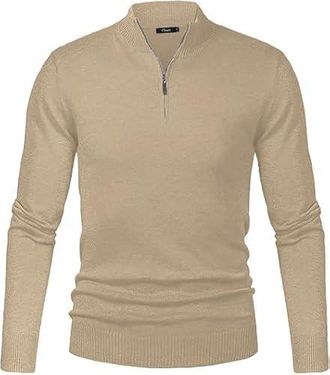 iClosam Pull &agrave; col roul&eacute; avec fermeture &eacute;clair pour homme, hiver, chaud, col montant, pull &agrave; manches longues, tricot en coton, classique, A-Kaki, M