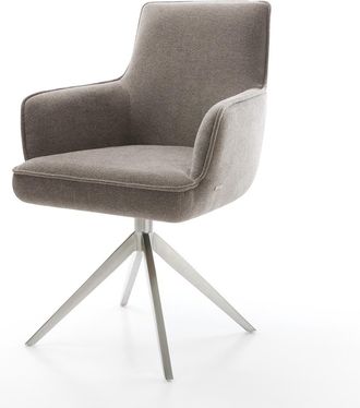 DELIFE Drehstuhl Heira-Flex mit Armlehnen Strukturstoff Soft Taupe Kreuzgestell breit Edelstahl 360&deg; drehbar Wippfunktion Taschenfederkern, Esszimmerst&uuml;hle