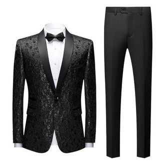 Generic Ensemble de smoking ch&acirc;le &agrave; revers floral pour homme - Motif cachemire et fleurs - Pour mari&eacute;, f&ecirc;te de mariage - Veste de d&icirc;ner &agrave; un bouton, Noir, 3XL