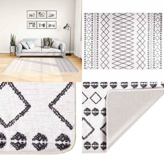 vidaXL Teppich Waschbar Schwarz und Wei&szlig; 120x180 cm Rutschfest - Samt Teppich - Wohnzimmer Teppich - Flur Teppich - Schlafzimmer Teppich - Digital Bedruckt