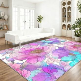 Generic Tapis 140 x 200 cm Pivoine Romantique &Agrave; LAquarelle Doux Moelleux Robuste Facile &agrave; Nettoyer Moderne pour Chambre Couloir, Rose Violet