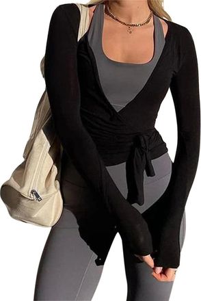 ORANDESIGNE Damen Tanztops Y2K Ballett Wrap Top Pilates Langarm Kurzarm Tiefer V-Ausschnitt Slim Fit Yoga Oberteil Wickelshirt A Schwarz XS