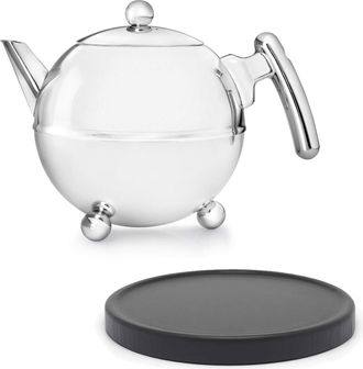 Bredemeijer Bella Ronde Edelstahl-Teekannen-Set 1.2 L - Doppelwandige Edelstahlkanne in Kugelform mit F&uuml;&szlig;en, silber - Mit schwarzem Untersetzer, ohne Siebeinsatz,