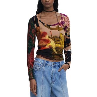 Desigual Braunes Damen Top Langarm T-Shirt - - Tops - Damen - Mehrfarbig - XS