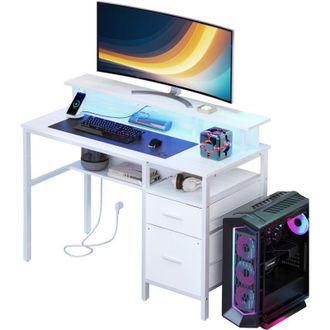 Vasagle Bureau Gaming, avec Tiroirs en Tissu, Support d&Eacute;cran, Lumi&egrave;res LED, 120,1 x 55,1 x 90,1 cm, Multiprise, 2 Ports USB, Blanc