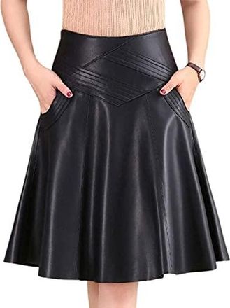 Lazutom Jupe &eacute;vas&eacute;e en cuir synth&eacute;tique taille haute pour femme Longueur genou, Noir, 44