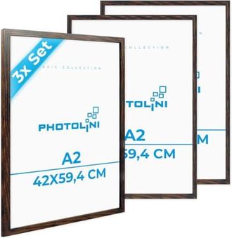 Photolini Cadre A2 42 x 59,4 bois MDF chêne foncé, lot de 3 cadres photo pour posters et affiches, verre acrylique incassable, décoration murale à suspendre, av