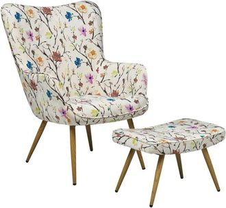 Beliani Ohrensessel mit Hocker Cremewei&szlig; Stoffbezug Blumenmotiv Gesteppt Metallbeine Wohnzimmer Schlafzimmer Sessel Polstersessel Armsessel