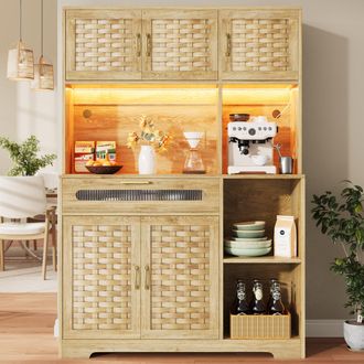 Generic HUQIQWE Hochschrank Natur mit Schubladen und LED-Beleuchtung, K&uuml;chenschrank, Buffetschrank, Anrichte f&uuml;r Wohnzimmer Esszimmer Bar