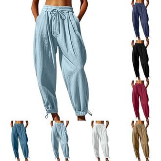 Generic Pantalon en lin pour homme - Coupe fusel&eacute;e - Pantalon de vacances - Taille &eacute;lastique - Pantalon de plage avec cordon de serrage - Pantalon de jogging 