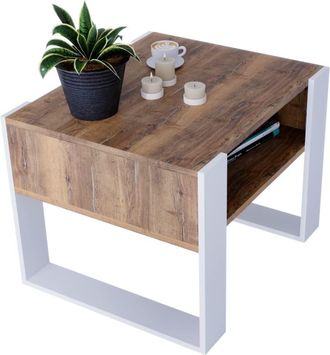 Generic Couchtisch KARO rechteckiger Kaffeetisch aus Holz Modern Teetisch 65 x 53,6 45cm massiv und stabil (Halifax Eiche/Weiss)
