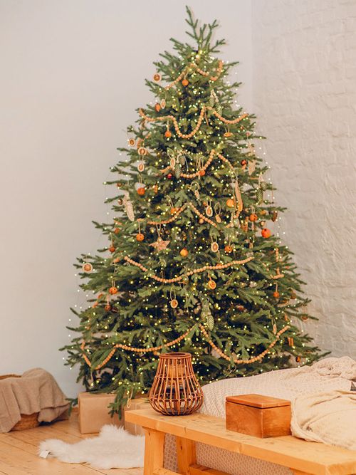 Ein Christbaum mit natürlichem Schmuck aus Holz und getrockneten Früchten.