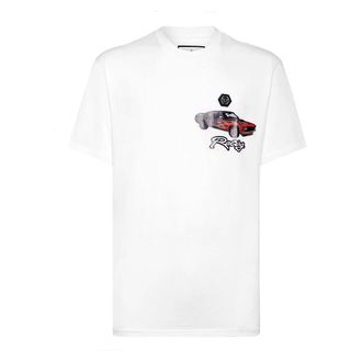 Philipp Plein Homme, Tops, Blanc, Taille: 2XL Jersey T-shirt Col Rond Cars Racing