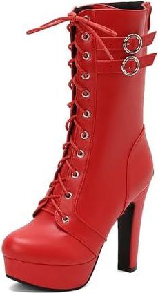 Generic Bottines à plateforme pour femme - Talon haut - Bout rond - Fermeture éclair - Style punk gothique - Avec boucle de ceinture, Rouge, 40.5 EU