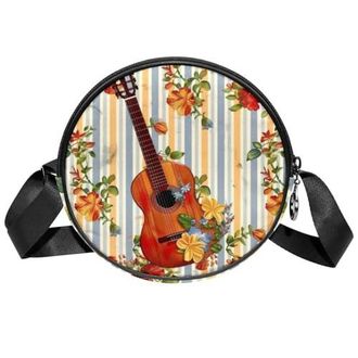 Generic Sac &agrave; bandouli&egrave;re circulaire pour femme, motif floral et rayures de guitare, petit sac &agrave; dos &agrave; bandouli&egrave;re avec fermeture &eacute;clair, bretelles r&eacute;glables,