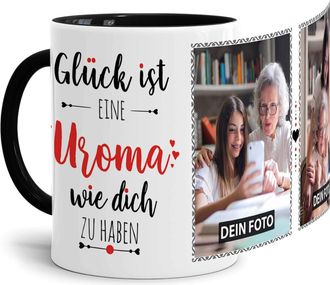 Tassendruck Fototasse mit Spruch für Uroma - Glück ist, jemanden wie Dich zu haben - zum Selbst gestalten mit 2 Fotos, Innen & Henkel Schwarz, 300 ml