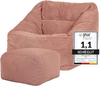 Icon Brand Natalia Sitzsack Sessel mit Hocker für Erwachsene, Rosa, Flauschiger Cord Stoff, Riesen Sitzsack Samt mit Füllung, Bean Bag Chair, Bequemer Sessel Woh