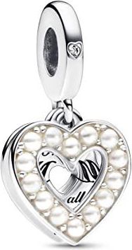 Pandora Pandora Moments Charm pendant double Coeur nacré en argent sterling avec biorésine, nacre artificielle et zircones cubiques transparentes