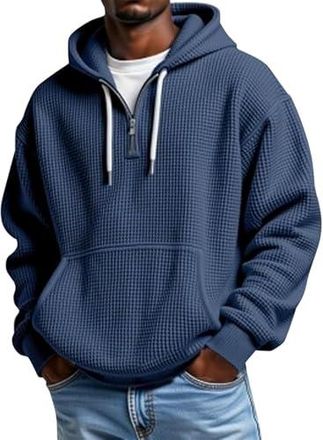 Generic Sweat à capuche en tricot gaufré à manches longues avec fermeture éclair 1/4 pour homme avec poche, bleu marine, 5XL