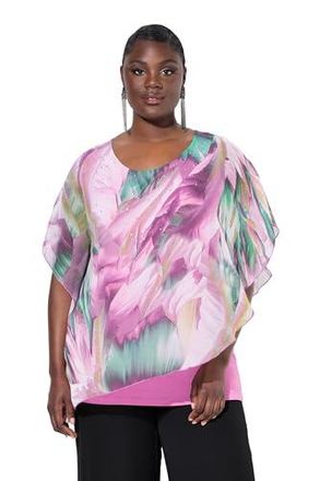 Ulla Popken Femme Grandes Tailles Blouse en Mousseline doubl&eacute;e Oversize, d&eacute;collet&eacute; Rond et Manches Courtes Lande Clair 46+ 837911807-46+