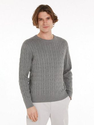 Tommy Hilfiger Strickpullover CLASSIC CABLE CREW NECK mit Strukturstrick und Flaglabel unifarben, casual, regular fit, Baumwolle, Rundhals